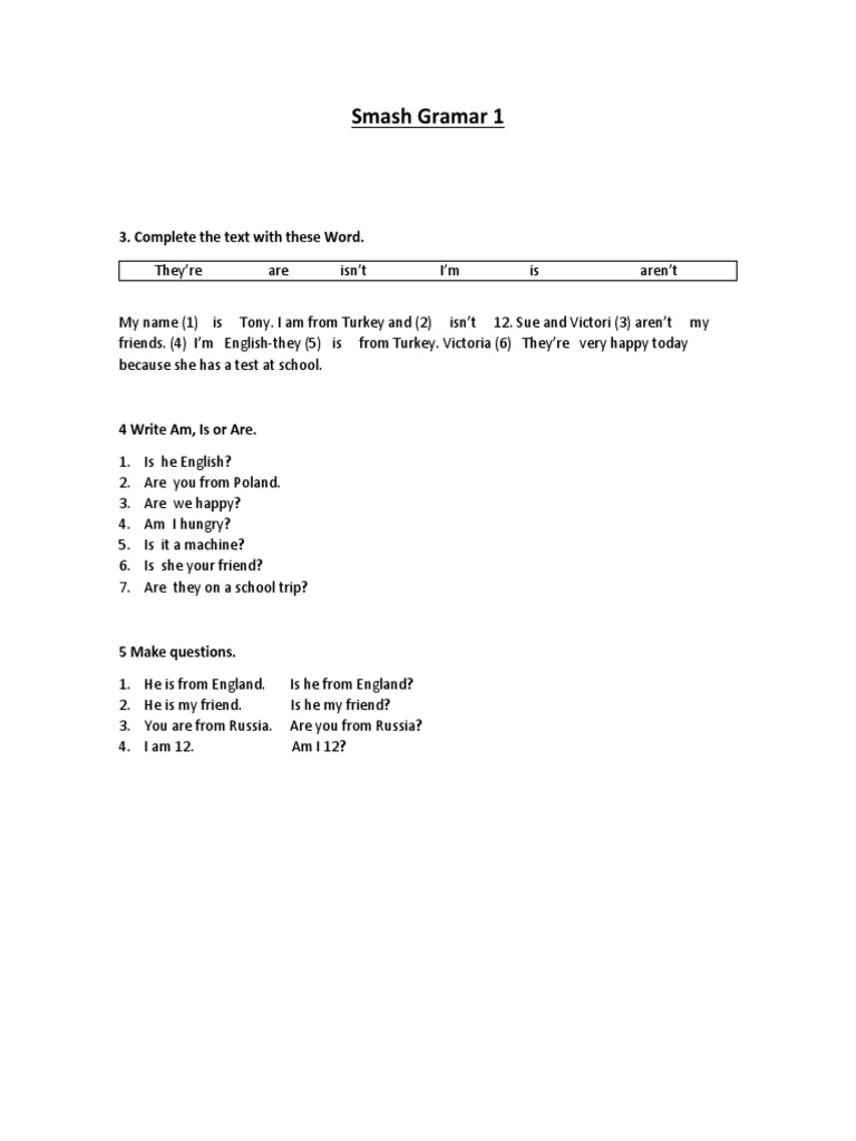 Smash Gramar 1: 3. Complete The Text With These Word | PDF | Language Arts & Discipline