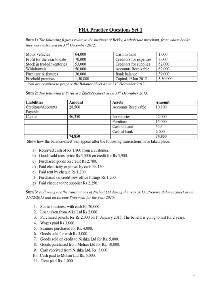 Practice Questions Set 1 | PDF | Debits And Credits | Balance Sheet