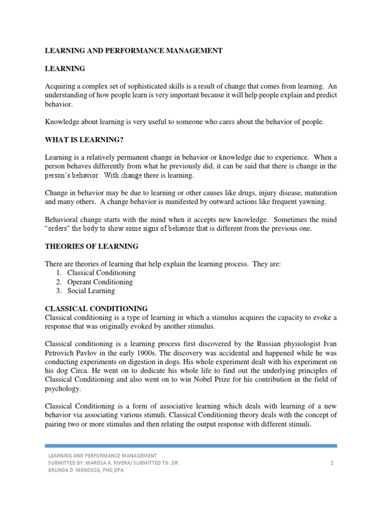 Learning and Performance Management Learning | PDF | Reinforcement | Classical Conditioning