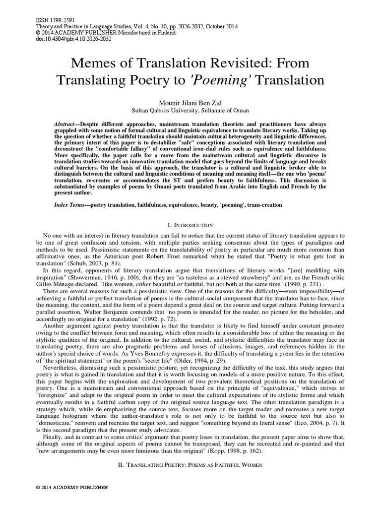 Memes of Translation Revisited: From Translating Poetry To 'Poeming ...