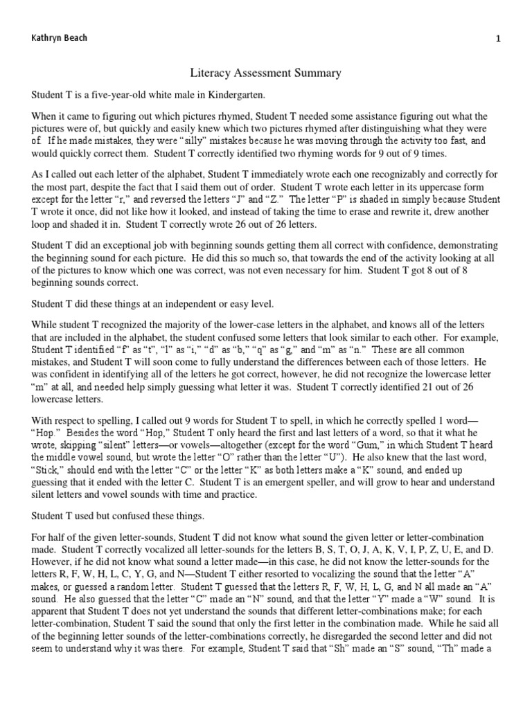 Literacy Assessment Summary | PDF | Reading (Process) | Literacy