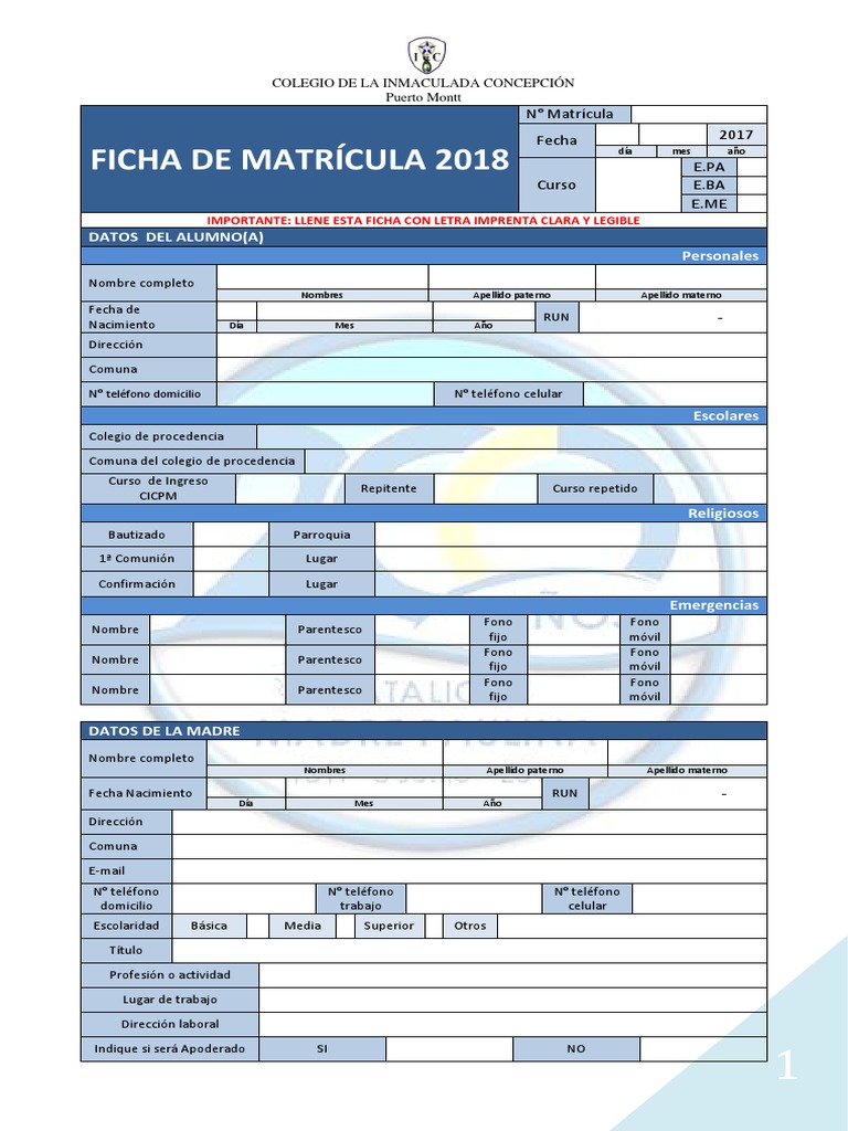 Ficha Matricula 2018 | PDF