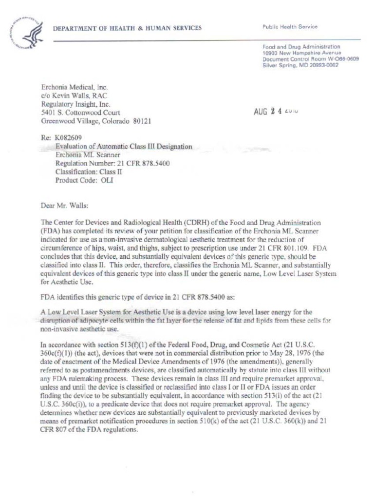 Zerona - de Novo FDA Approval Letter K082609 | PDF | Federal Food ...