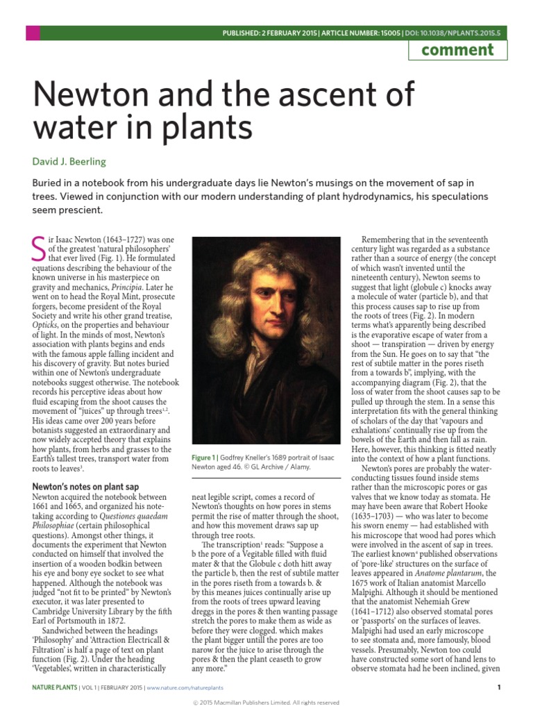 Beerling (2015) Newton and The Ascent of Water NatPlants | PDF | Isaac ...