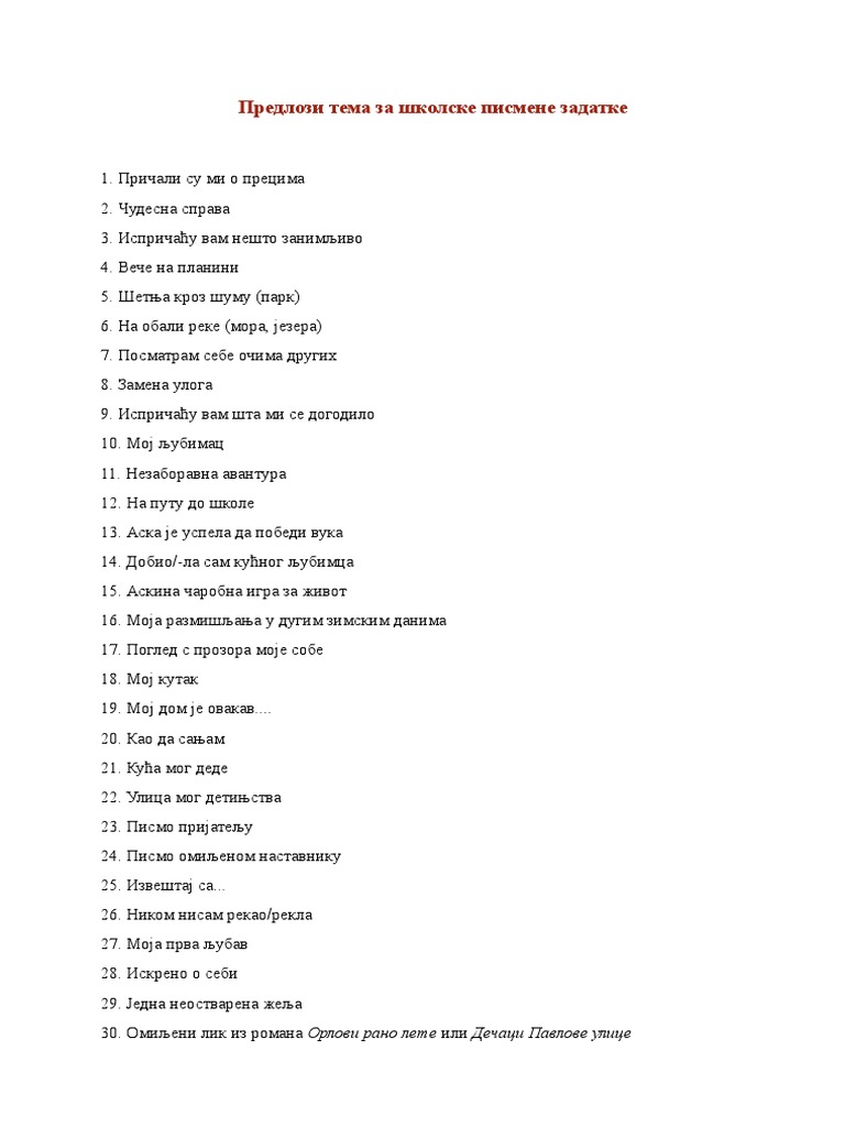 Predlozi Tema Za Pismene Zadatke | PDF