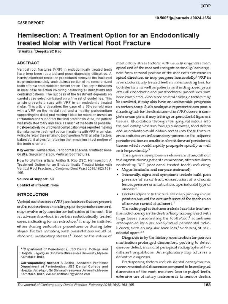 Hemisection A Treatment Option For An Endodontically Treated Molar With ...