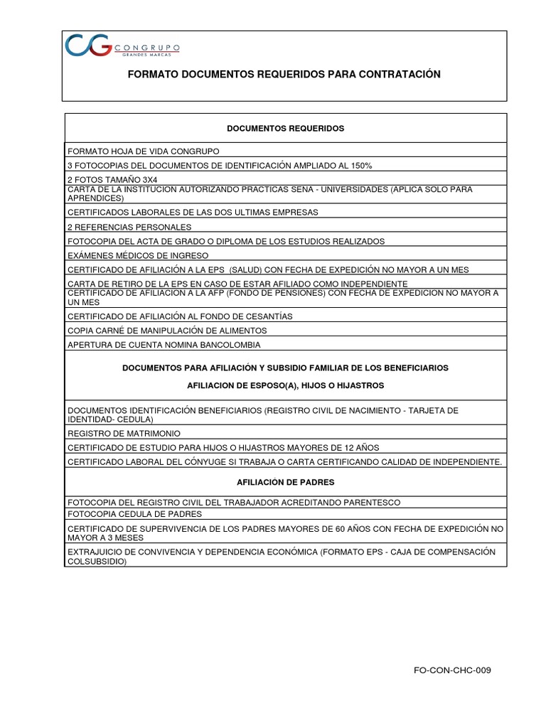 Formato Documentos Requeridos para Contratación | PDF