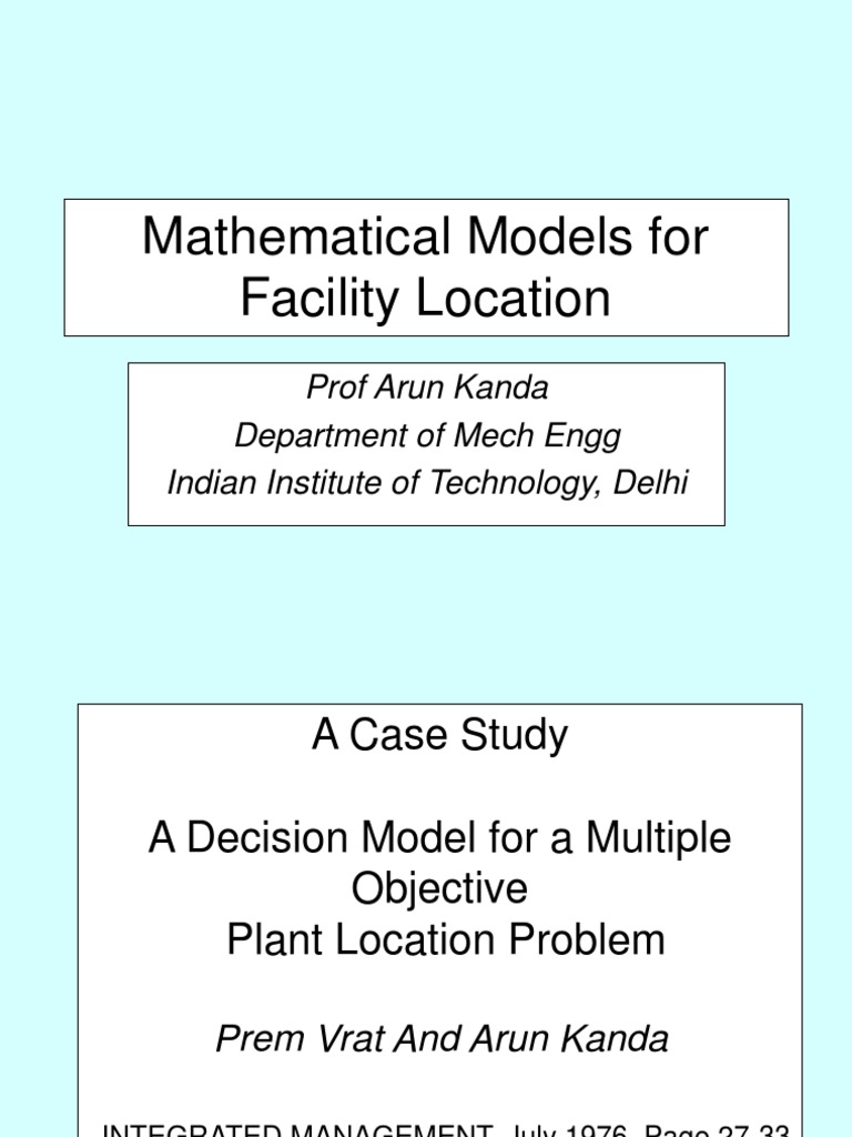 Mathematical Models For Facility Location: Prof Arun Kanda Department of Mech Engg Indian ...