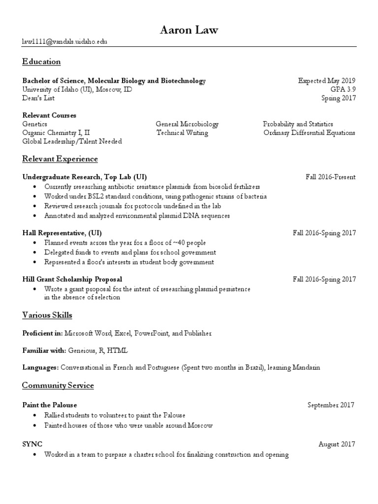 Molecular Biology Student Resume | PDF