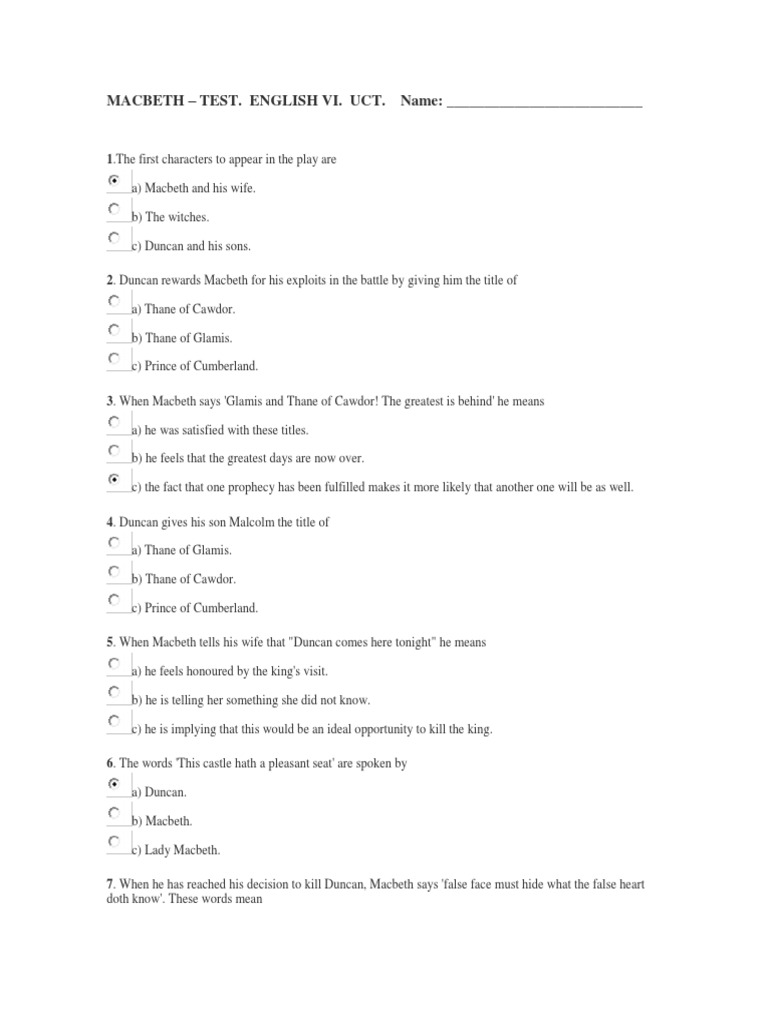 Macbeth Test | Macbeth | Shakespearean Tragedies