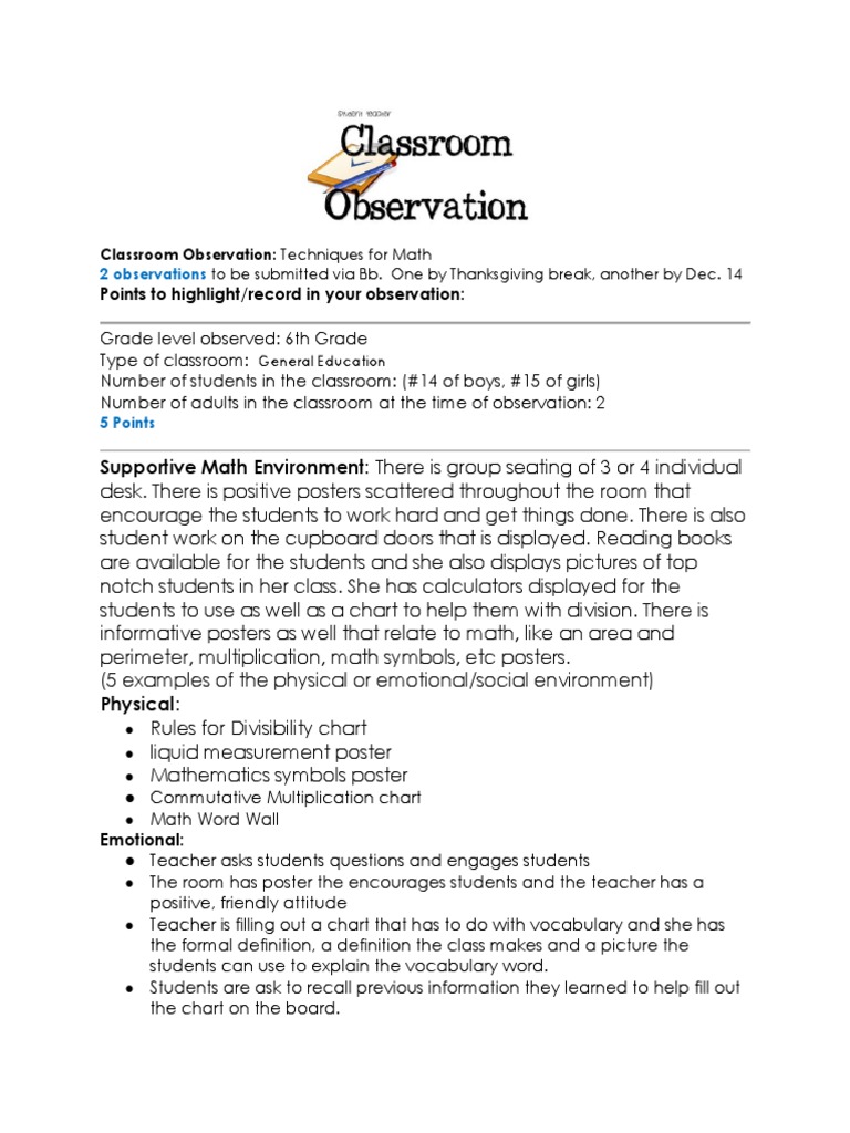 Points To Highlight/record in Your Observation:: Supportive Math ...