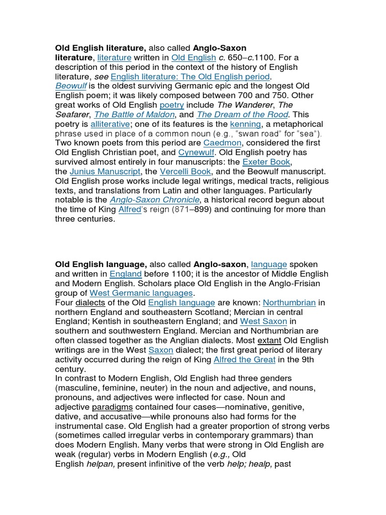 Beowulf: Old English Literature, Also Called Anglo-Saxon Literature ...