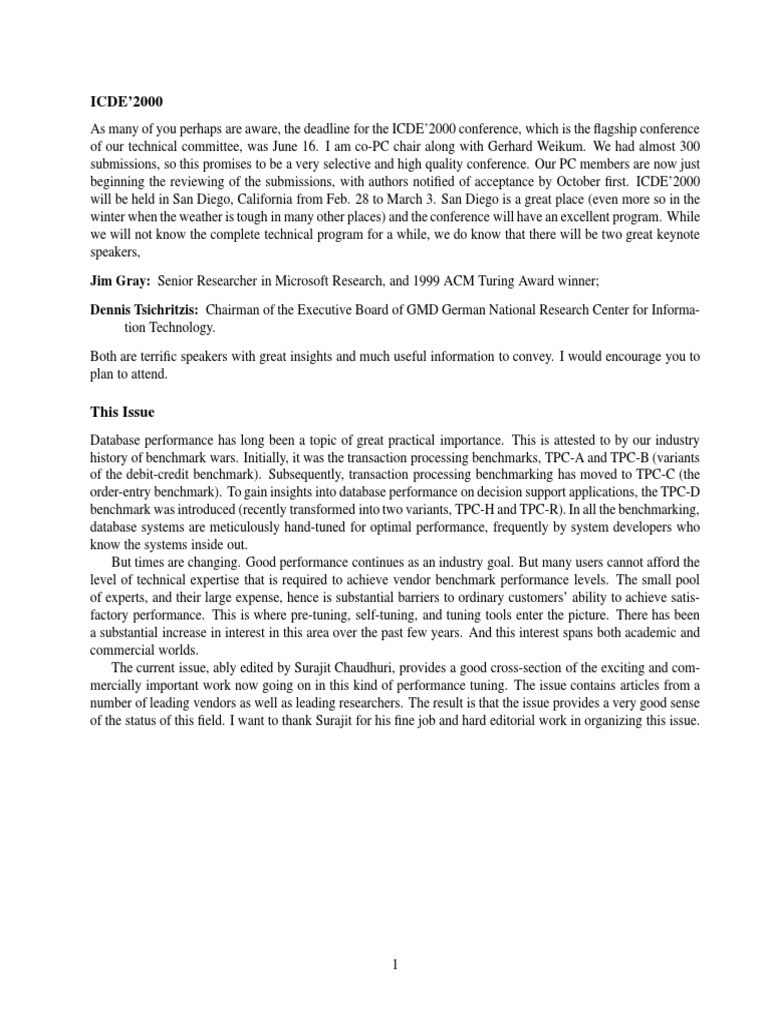 ICDE'2000: Jim Gray: Dennis Tsichritzis | PDF | Benchmarking | Databases