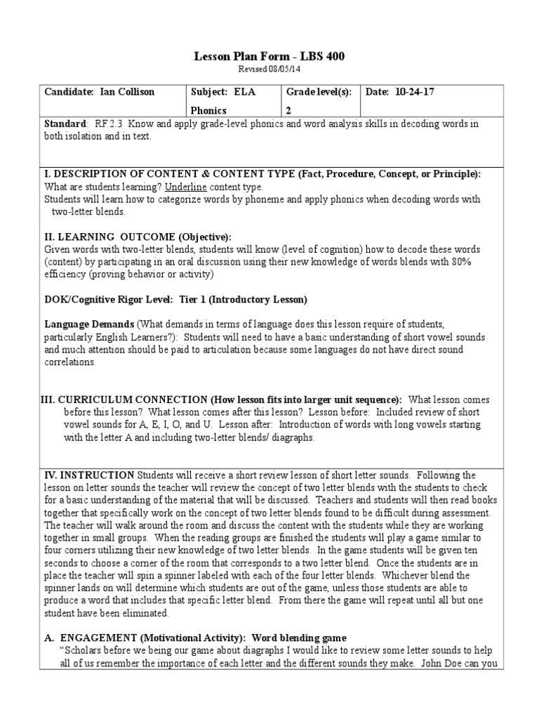 Lbs 400 Lesson Plan | PDF | Phonics | Lesson Plan