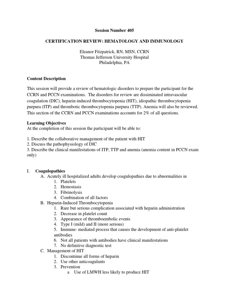 CCRN PCCN Review Hematology Immunology | PDF | Coagulation | Bleeding