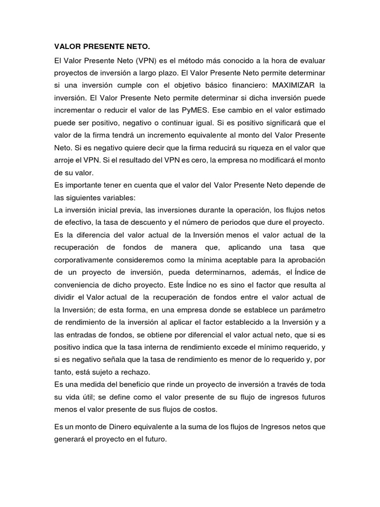 Valor Presente Neto | Descargar gratis PDF | Valor presente neto | Beneficio (economía)
