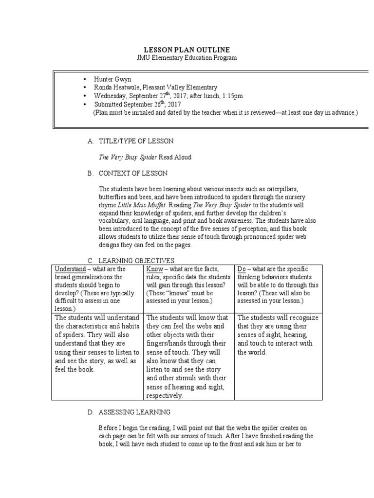 Very Busy Spider Lesson Plan | PDF | Spider | Hearing
