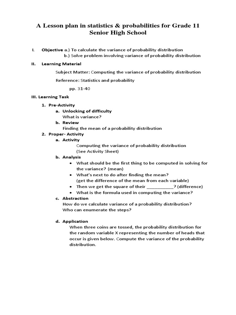 A Lesson Plan in Statistics | PDF | Variance | Mean