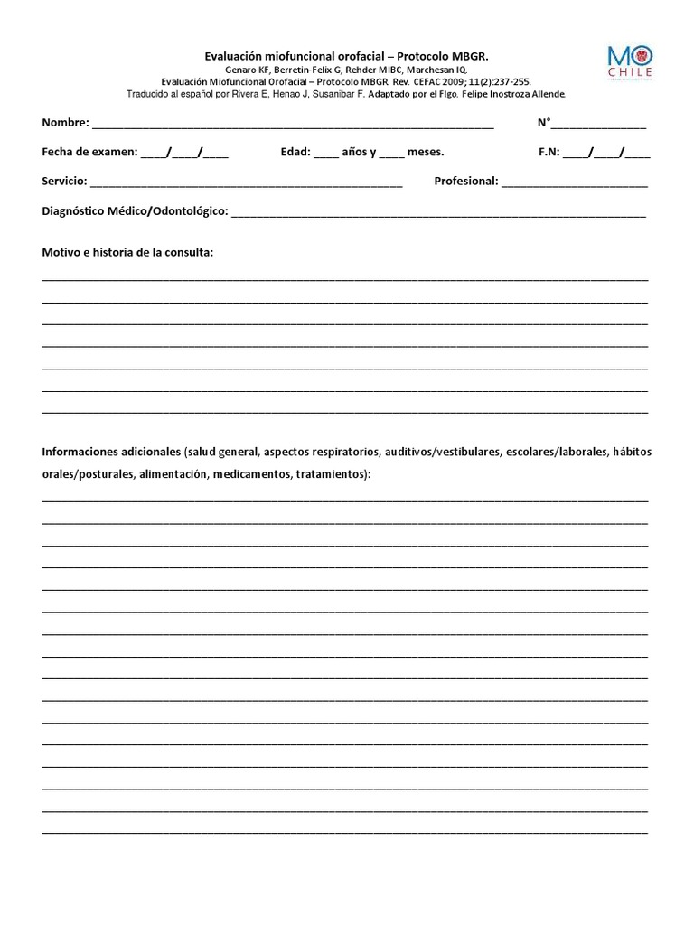 (MO-CHILE) Evaluación Miofuncional Orofacial - Protocolo MBGR | PDF | Rasgos faciales | Cara