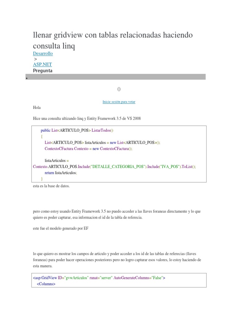 Llenar Gridview Con Tablas Relacionadas Haciendo Consulta Linq | PDF | Consulta integrada de ...