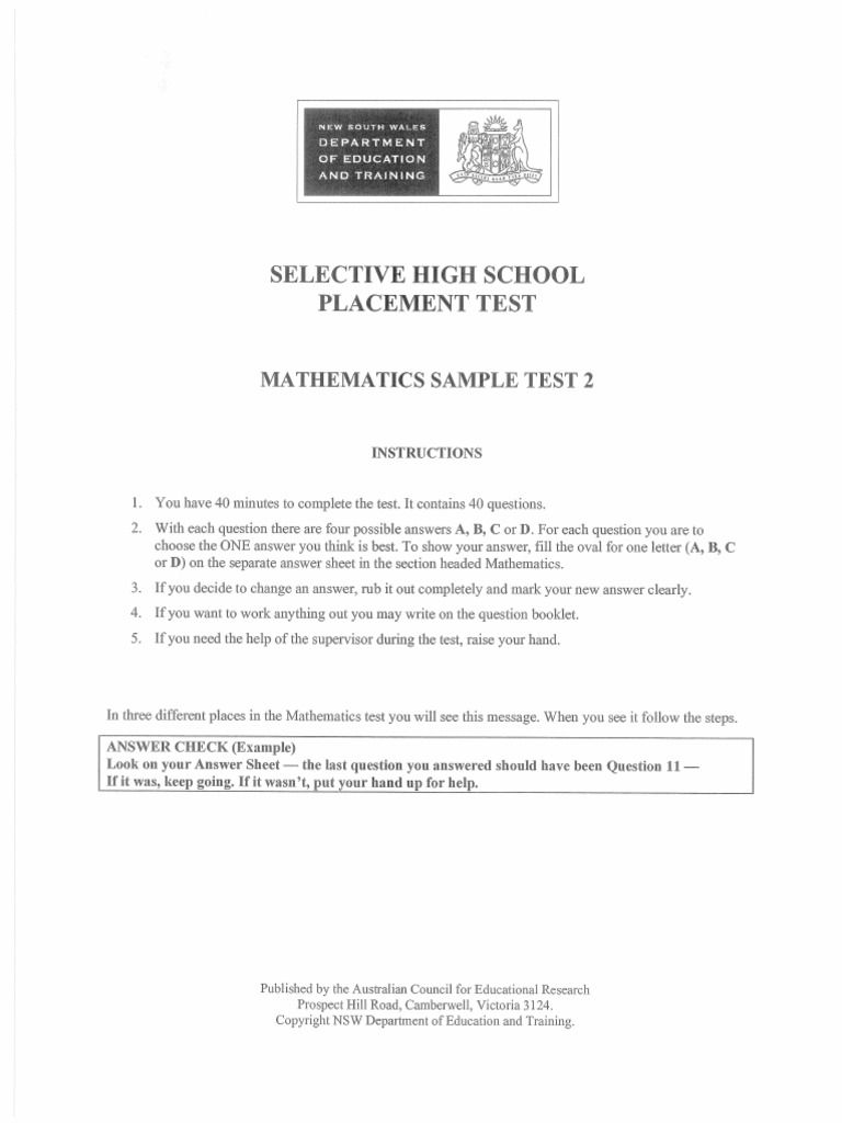 002 Selective School Mathematics Placement Test | PDF