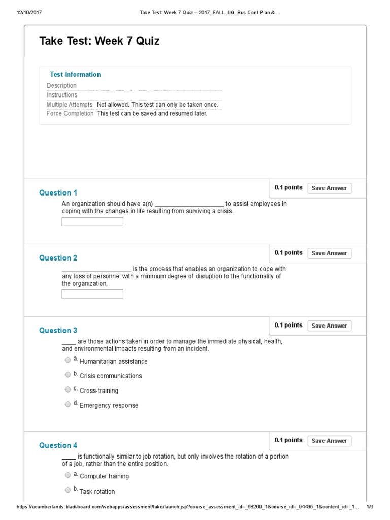 Take Test - Week 7 Quiz - 2017 - FALL - IIG - Bus Cont Plan & . | PDF ...