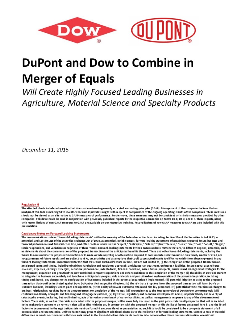 Dupont and Dow To Combine in Merger of Equals | PDF | Dow Chemical ...
