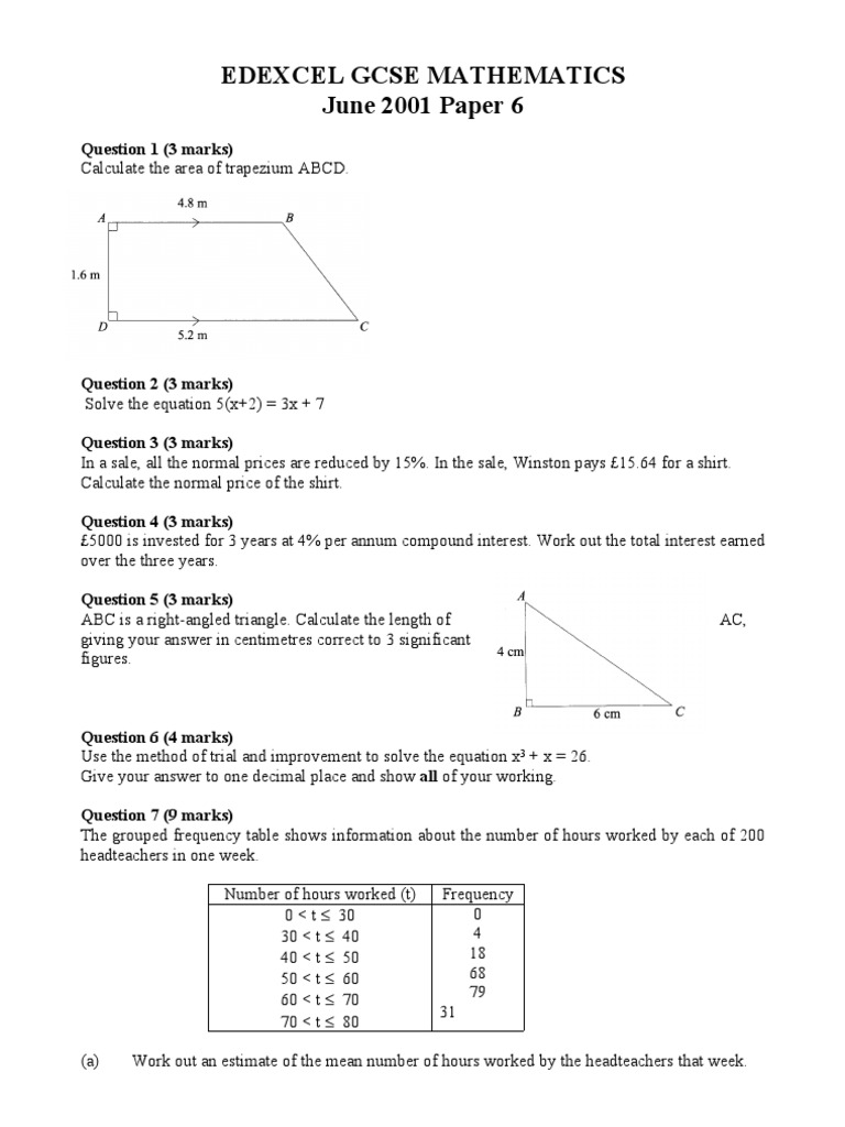 Edexcel GCSE Math June 2001 Paper | PDF | Distance | Volume