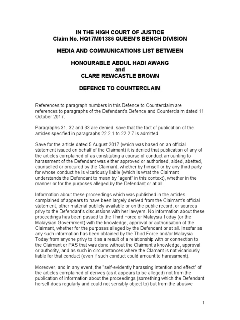 ABDUL HADI AWANG and CLARE REWCASTLE BROWN DEFENCE TO COUNTERCLAIM DEC ...