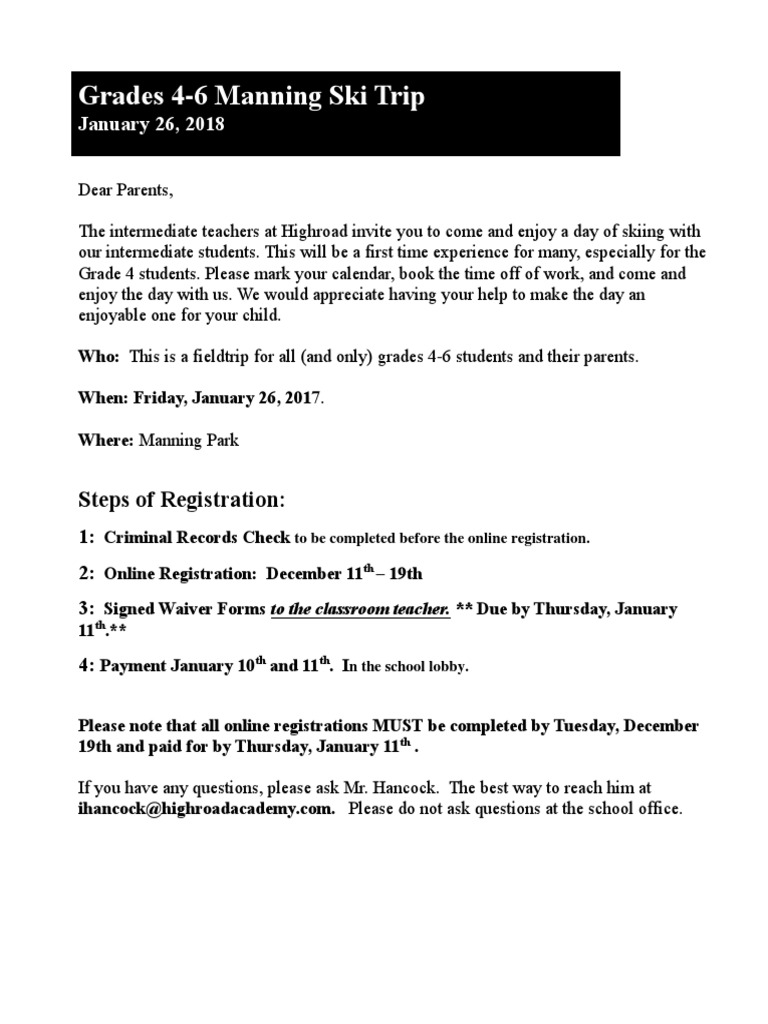 2018 First Informational Letter To Send Home | PDF | Cheque | Alpine Skiing