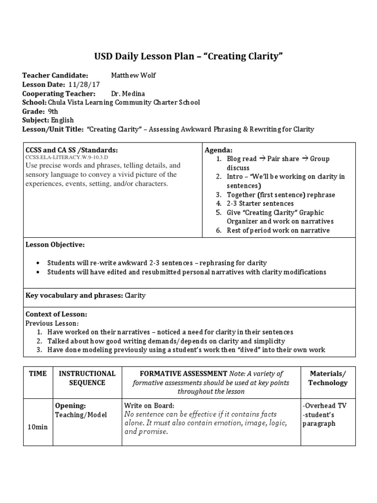 Lesson Plan - Clarity | PDF | Lesson Plan | Educational Assessment