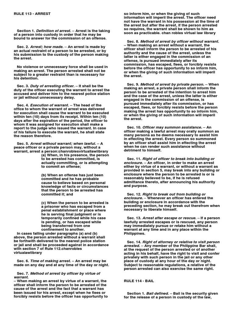 RULE 113-116 of Rules of Court | PDF | Bail | Plea