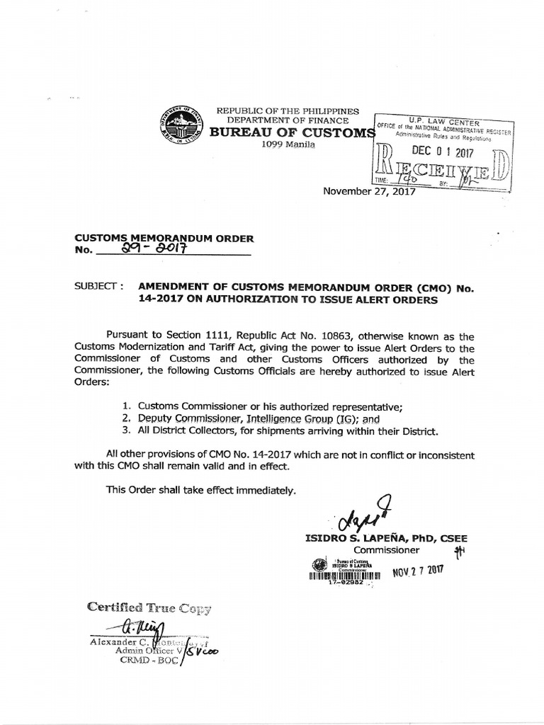 CMO 29-2017 Amendment of Customs Memorandum - Order 14 2017 On ...