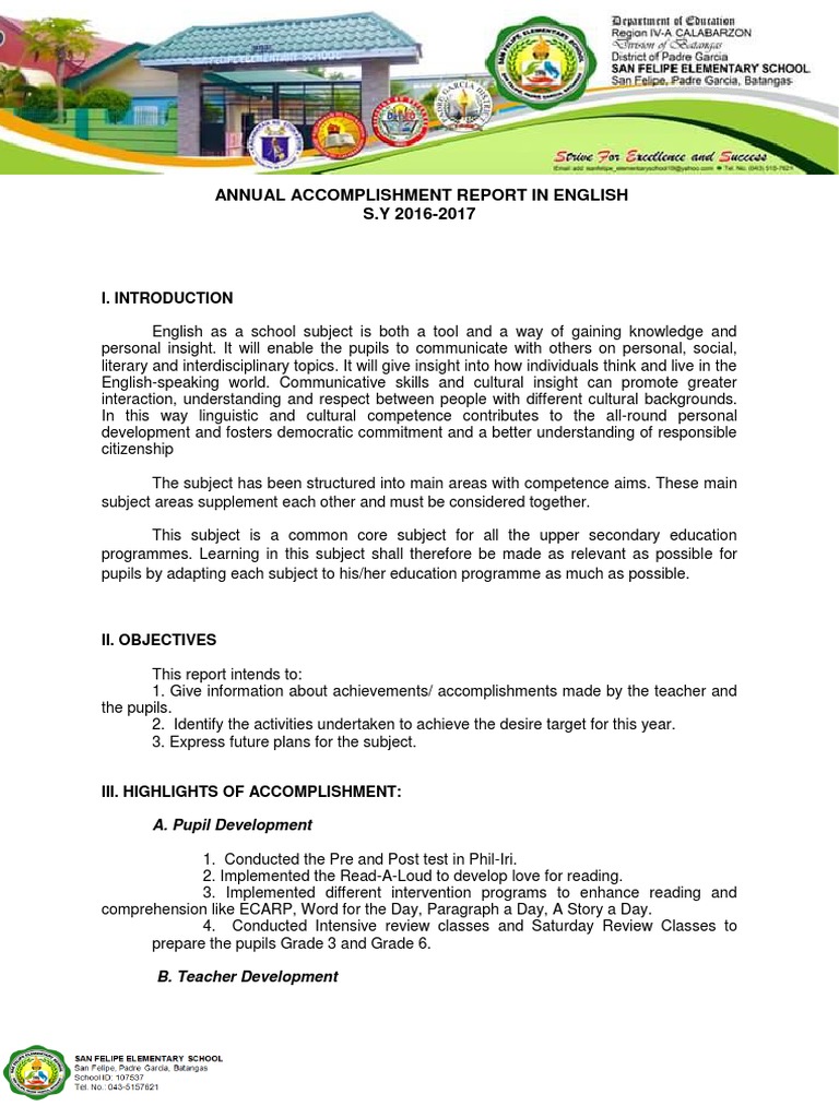 Annual Accomplishment Report in English 2015 2016 | PDF | Curriculum ...
