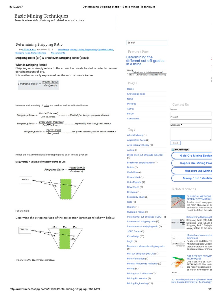 Determining Stripping Ratio - Basic Mining Techniques | PDF | Mining ...