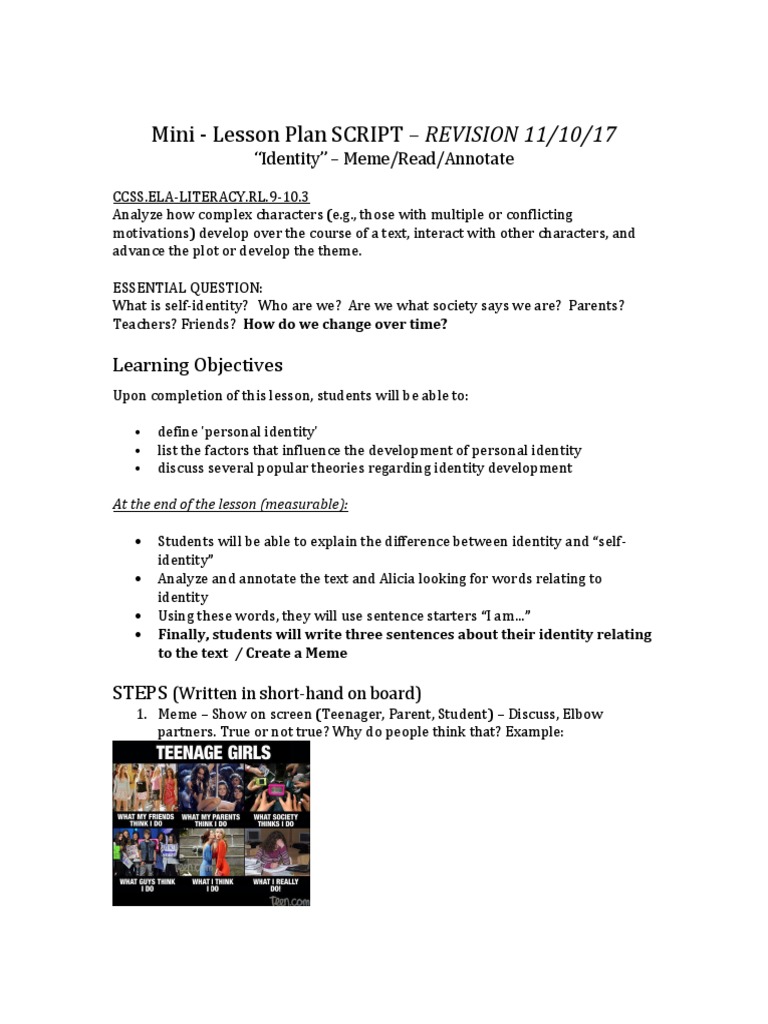 Exploring Self-Identity in Literature | PDF | Meme | Lesson Plan