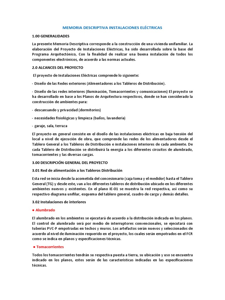 Memoria Descriptiva Instalaciones Eléctricas | PDF | Fusible (Eléctrico) | Enchufes y tomas de ...