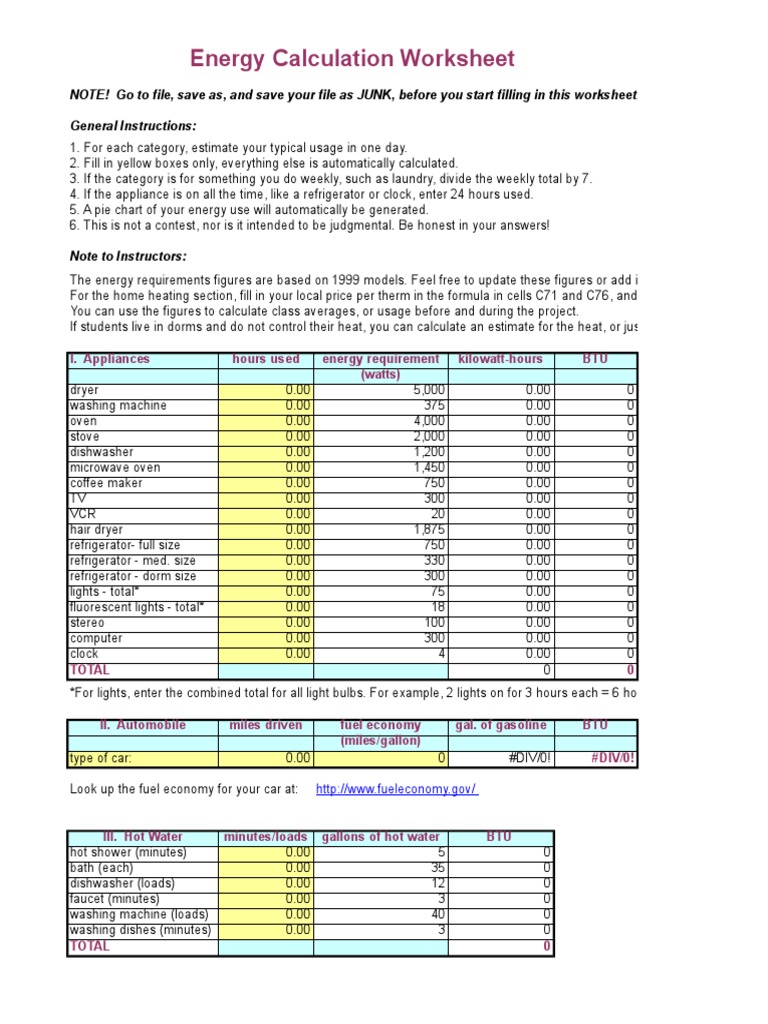 Energy Calculation Worksheet | Download Free PDF | Water Heating ...