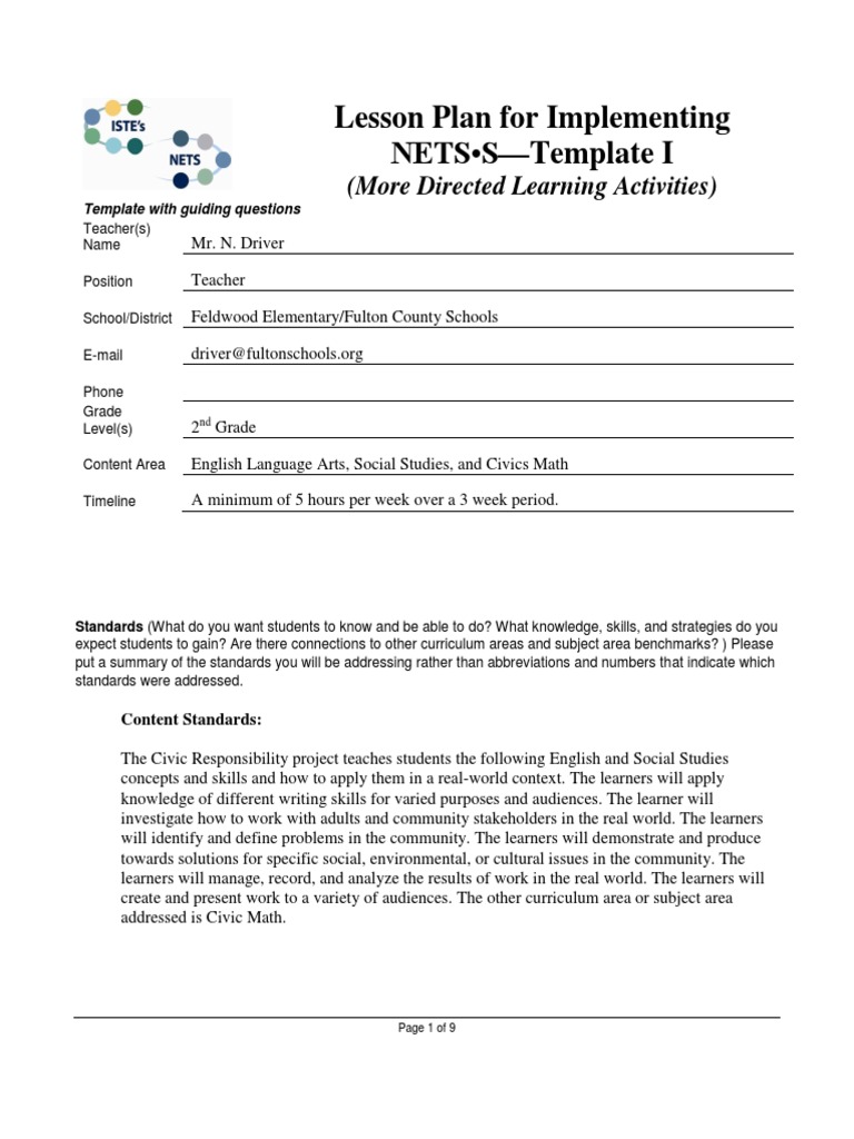 Lesson Plan For Implementing NETS - S-Template I: (More Directed ...