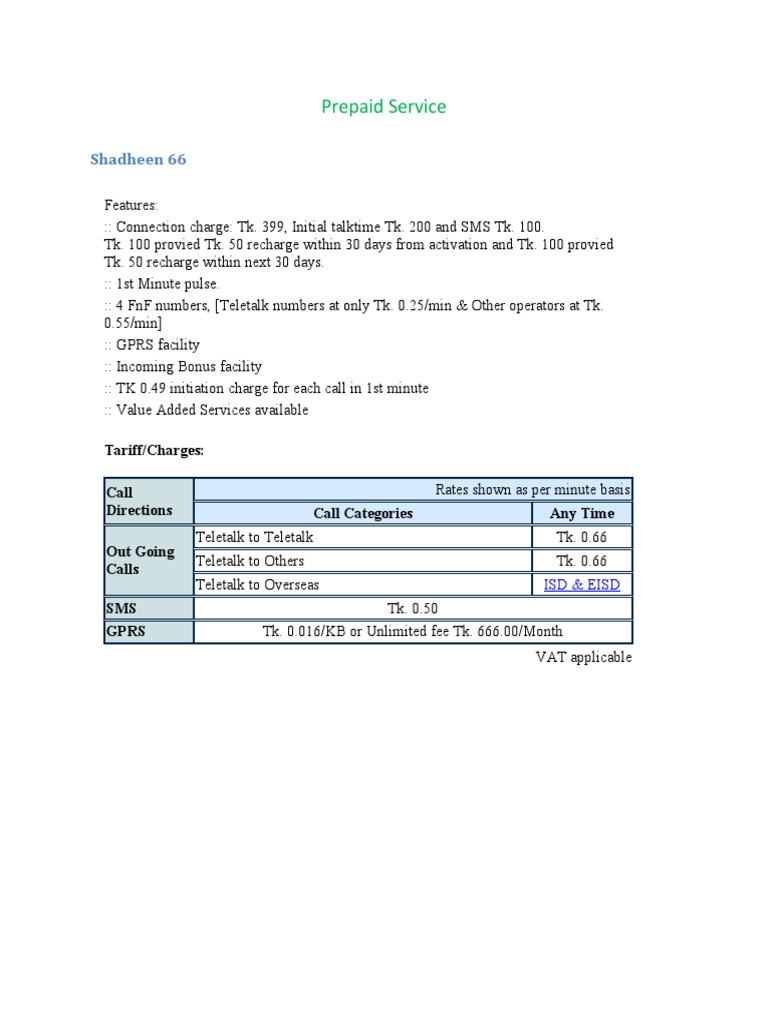 Teletalk Shadheen Prepaid Plans Overview | PDF | Business | General ...