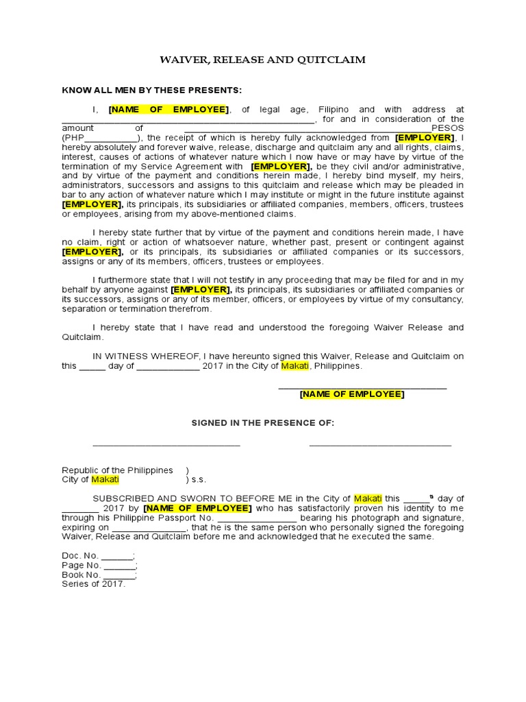 Employee Waiver and Quitclaim Template | PDF | Private Law | Virtue