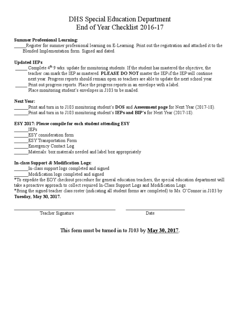 Eoy Checklist Dhs Sped 2016-17 | PDF