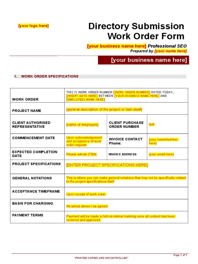 Directory Submission Work Order Form | PDF