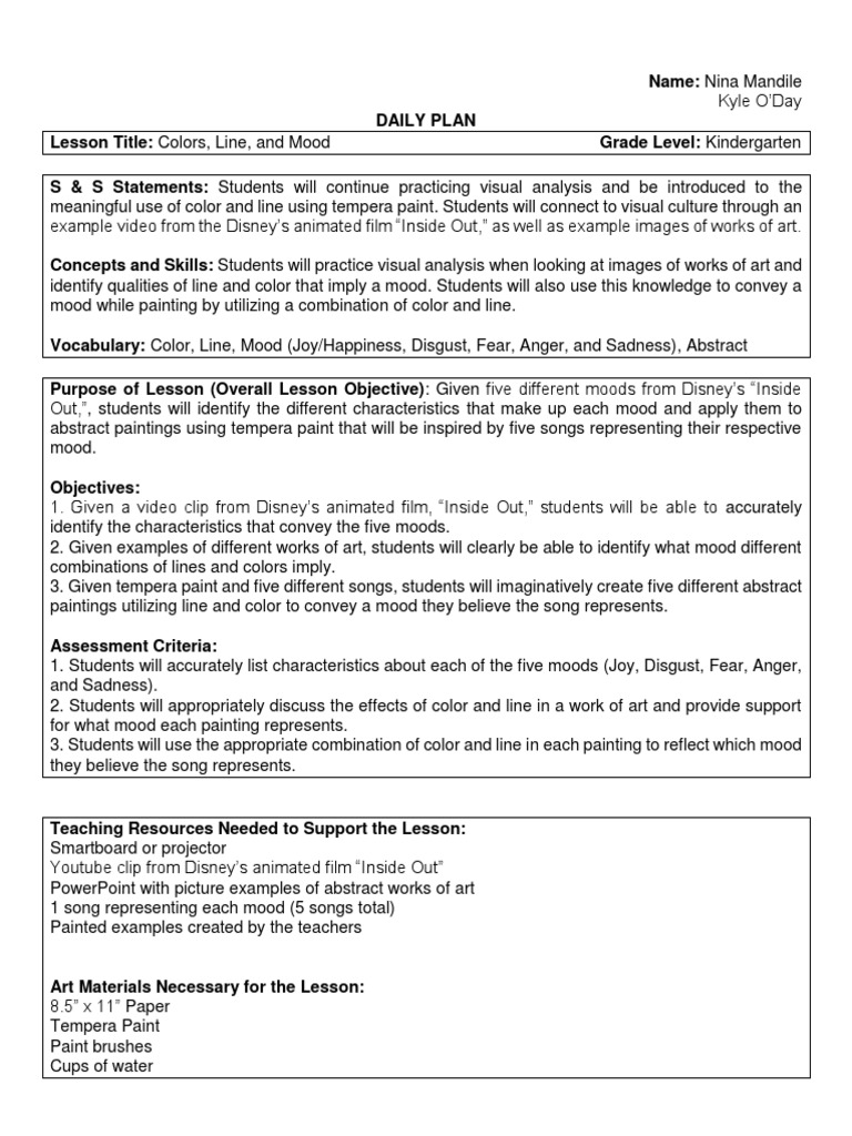 Colors Line and Mood Lesson Plan | PDF | Paintings | Learning