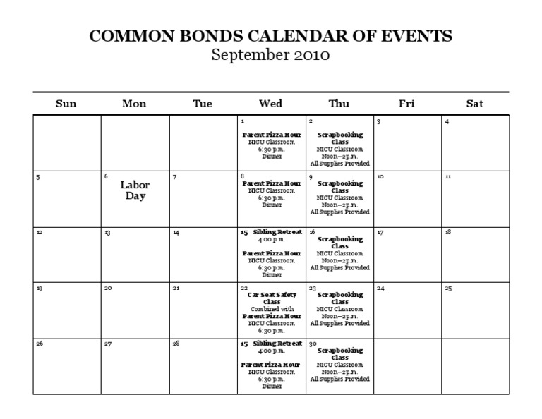 September Common Bonds Calendar | PDF | Hospital And Clinic