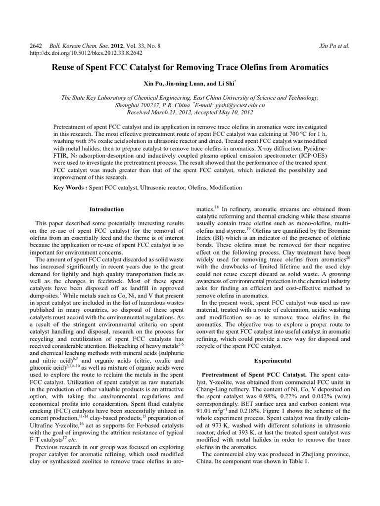 Reuse of Spent FCC Catalyst For Removing Trace Olefins From Aromatics ...