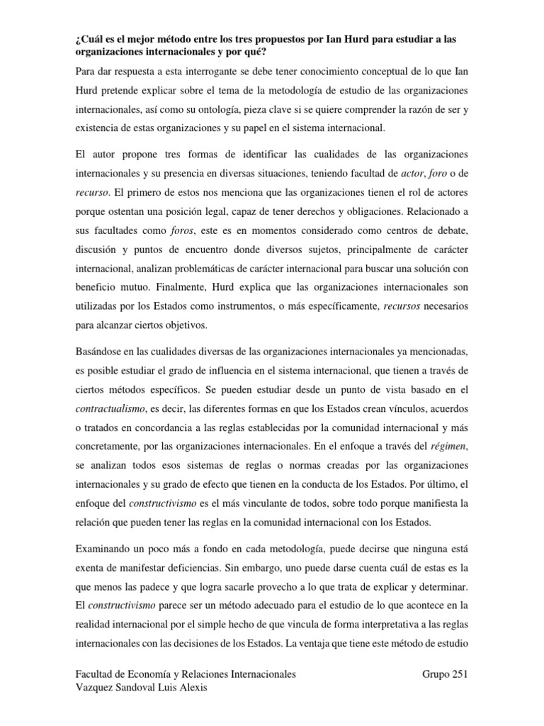 Ensayo - Métodos de Ian Hurd - Organismos Internacionales | PDF ...