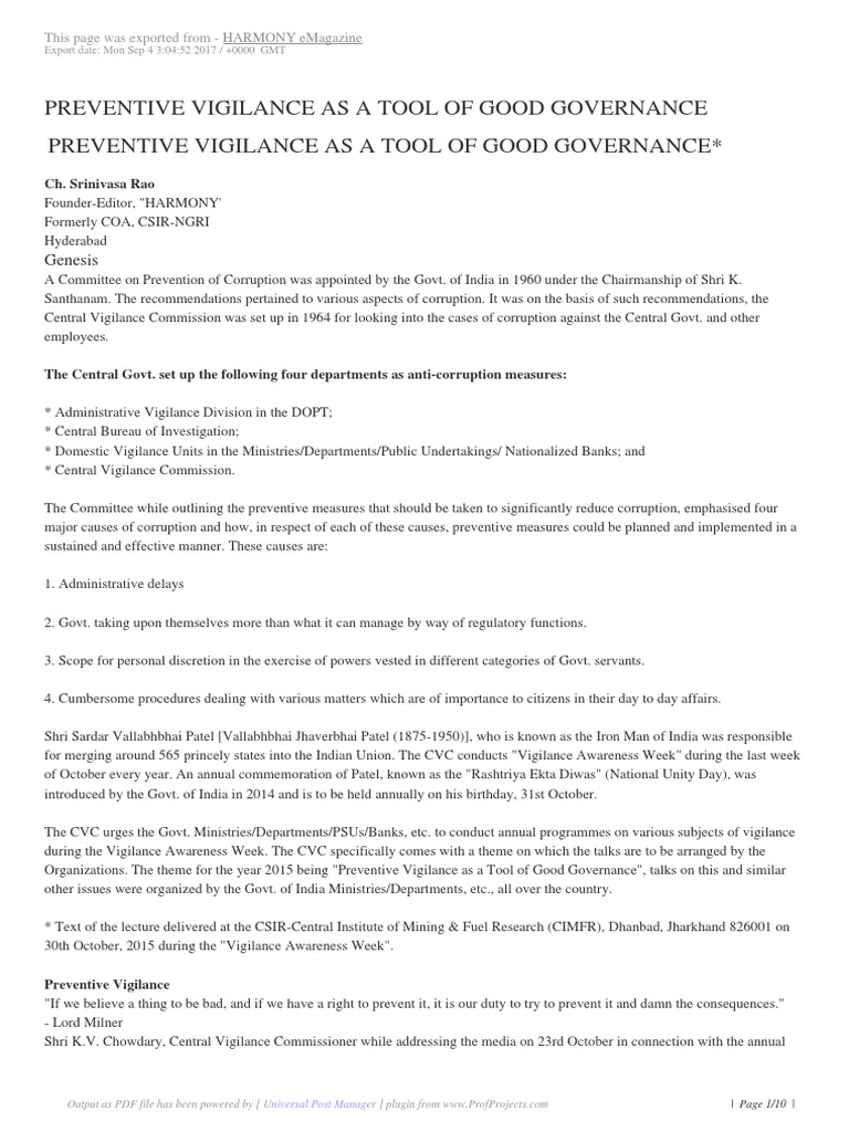 Preventive Vigilance As A Tool of Good Governance | PDF | Good ...