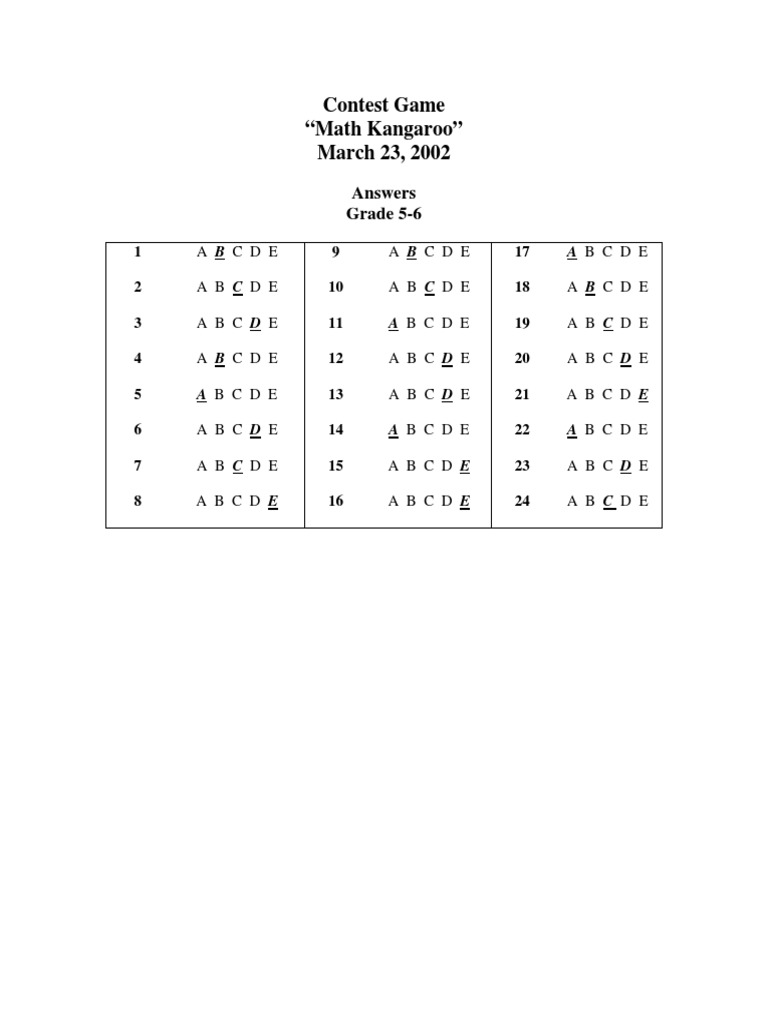 Contest Game "Math Kangaroo" March 23, 2002: Answers Grade 5-6 | PDF