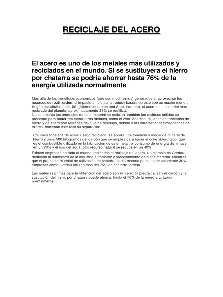 Reciclaje Del Acero Pdf Acero Reciclaje